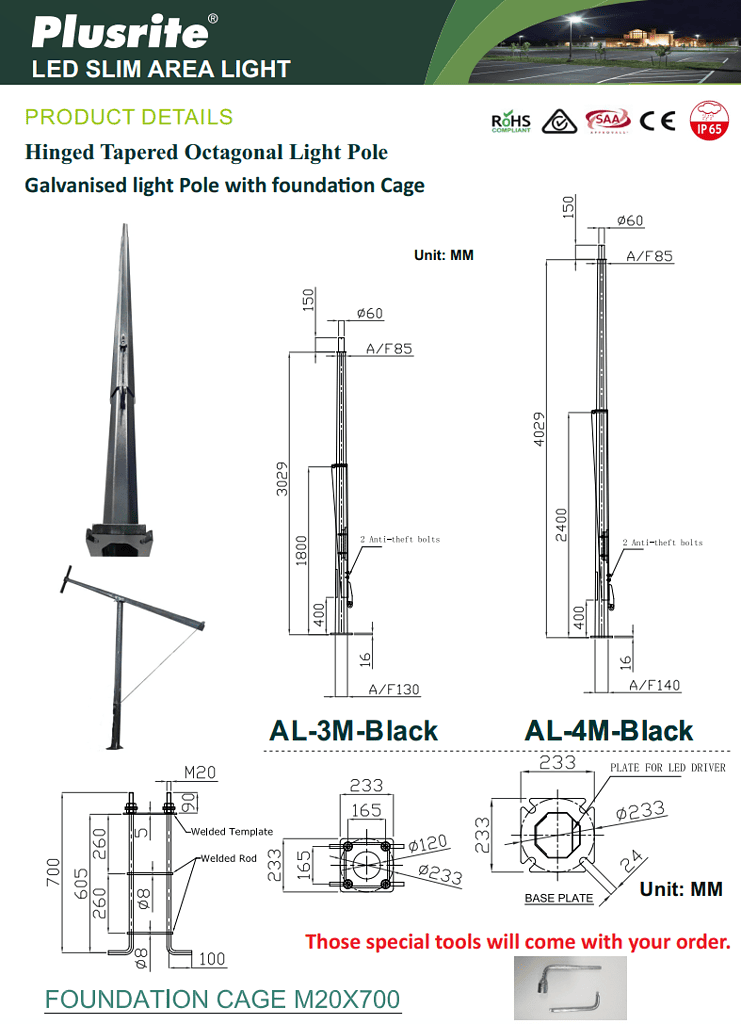 Tapered Light Pole | AL-4M-Black | Plusrite Australia